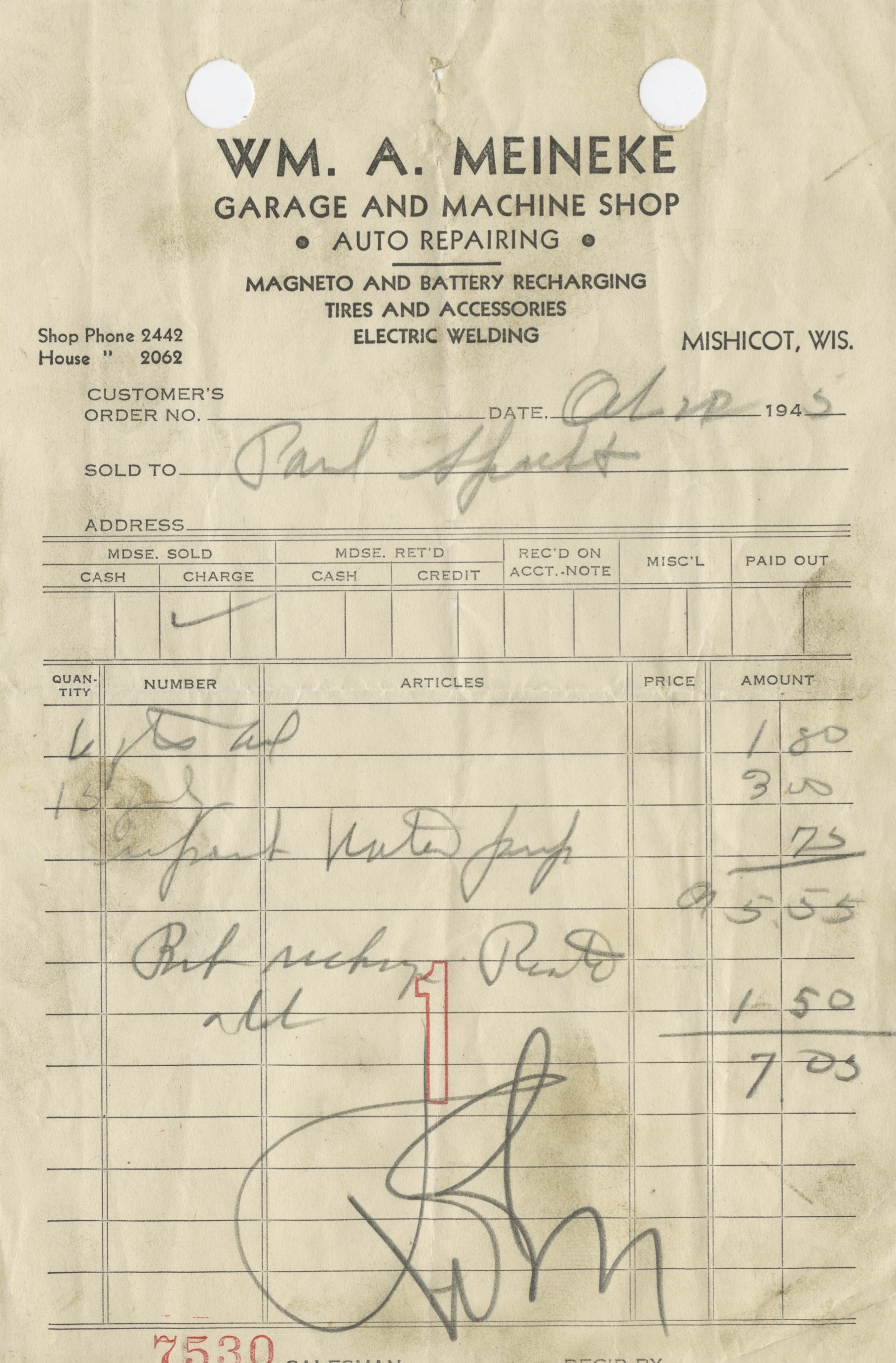 William A. Meineke Garage Invoice – Mishicot Historical Museum